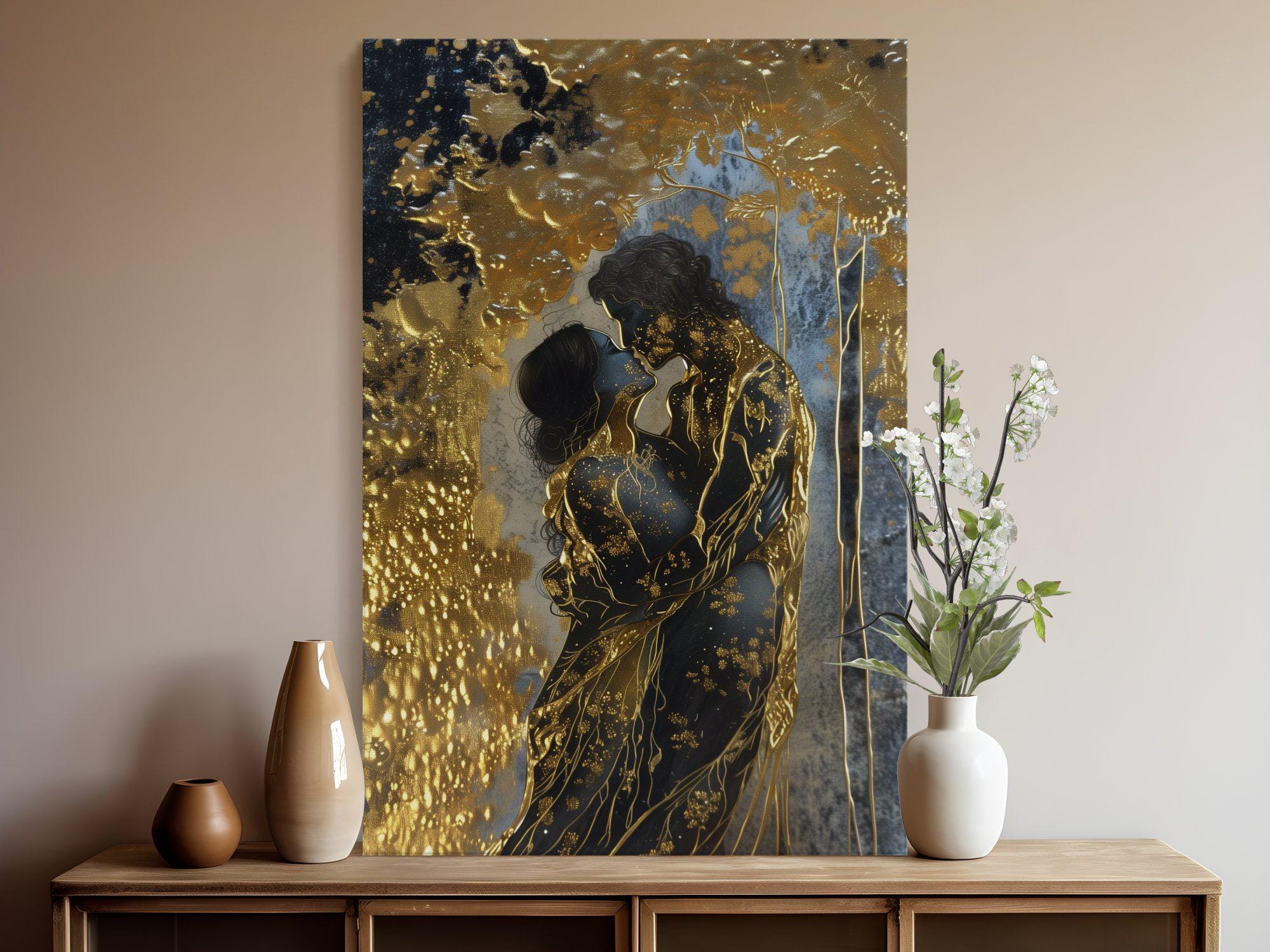 Eternal Embrace Art Print, Abstract Lovers Golden Artwork, Gold Love ...