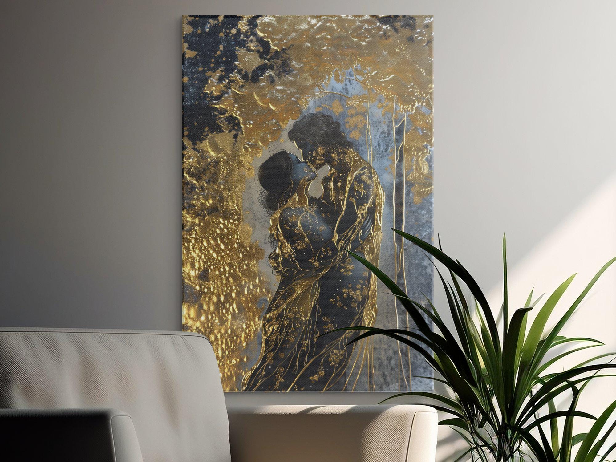Eternal Embrace Art Print, Abstract Lovers Golden Artwork, Gold Love ...