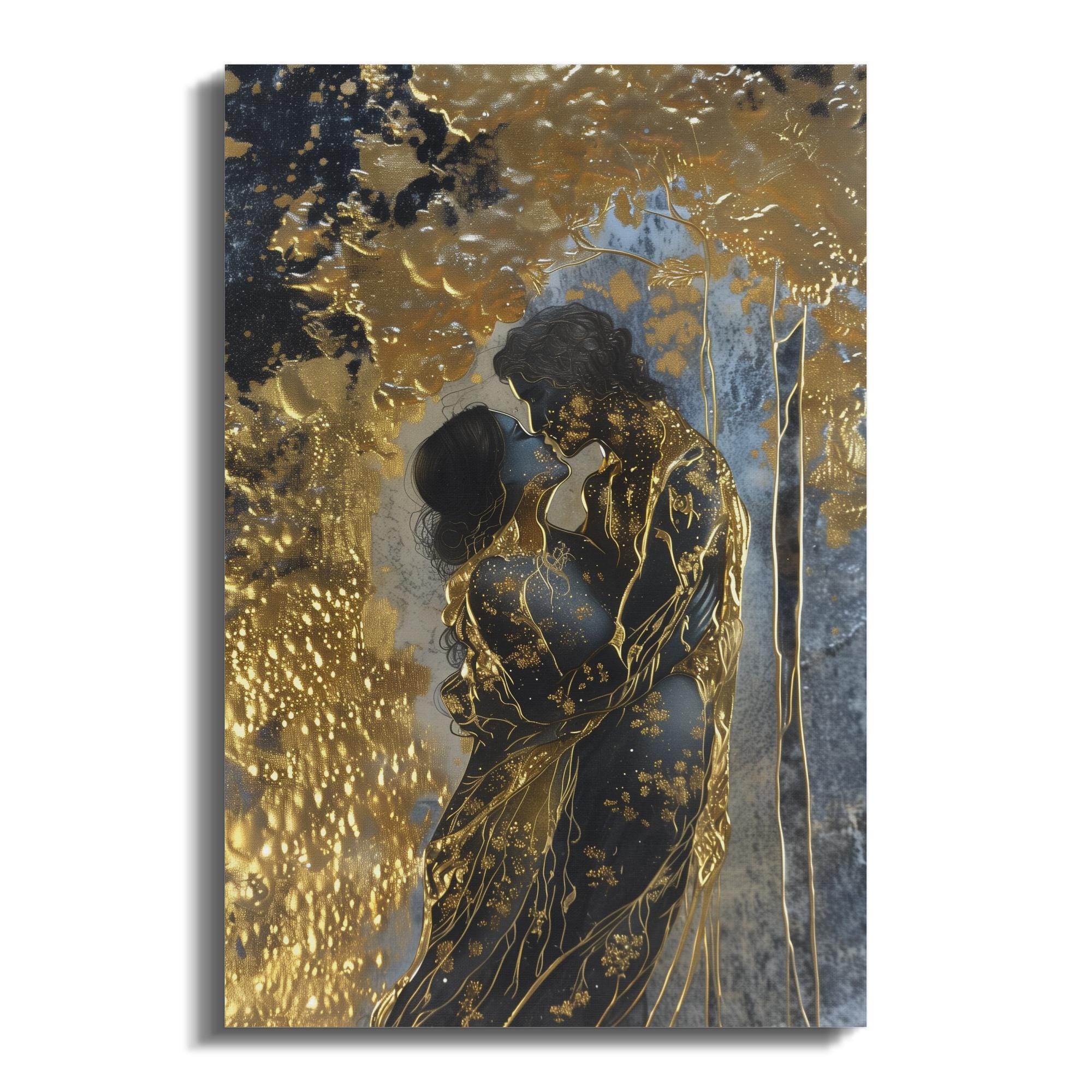 Eternal Embrace Art Print, Abstract Lovers Golden Artwork, Gold Love ...