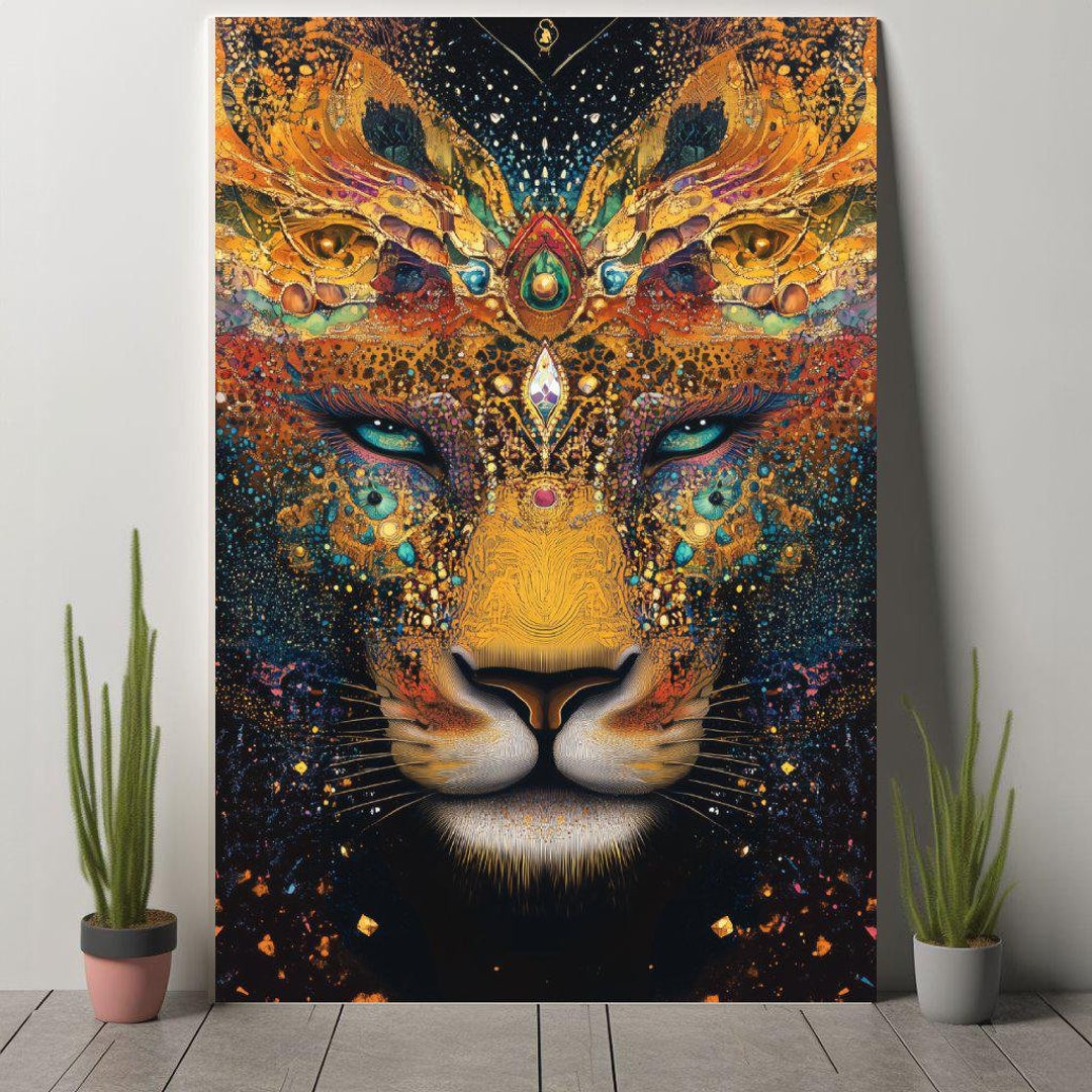 Mystical Cosmic Lion Art Print, Spirit Animal Wall Decor, Esoteric Gold ...