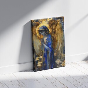 Blue Angel Art Print, Blue Gold Guardian Angel Wall Art, Modern ...