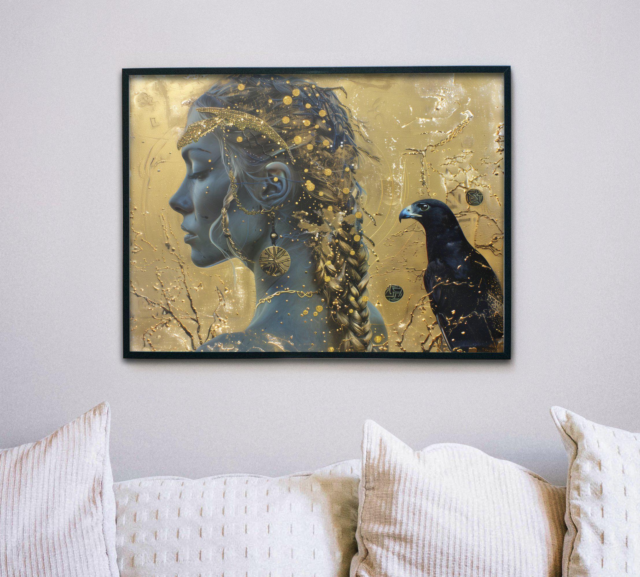 Golden Landscape of Norse Goddess Freya and Falcon Art Print ...