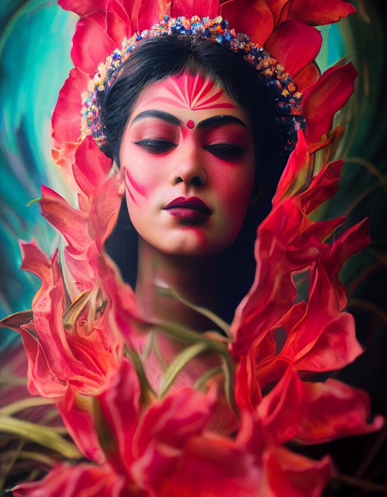 Goddess Durga Red Nerium Oleander 8x10 Hindu Art Print Indian - Etsy