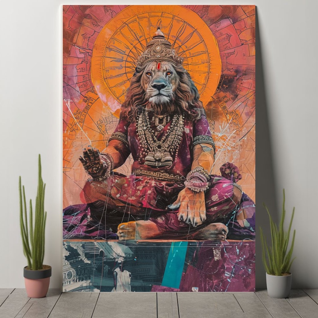 Meditating Lion Deity Wall Art Print, Spiritual Animal Illustration ...