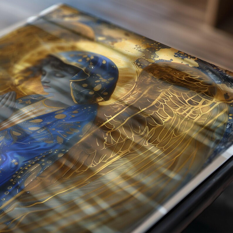 Blue Angel Art Print, Blue Gold Guardian Angel Wall Art, Modern ...