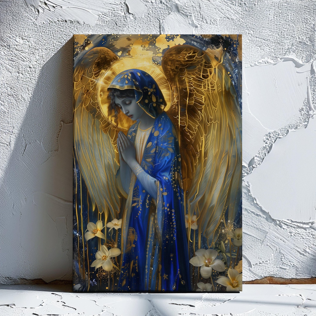 Blue Angel Art Print, Blue Gold Guardian Angel Wall Art, Modern ...