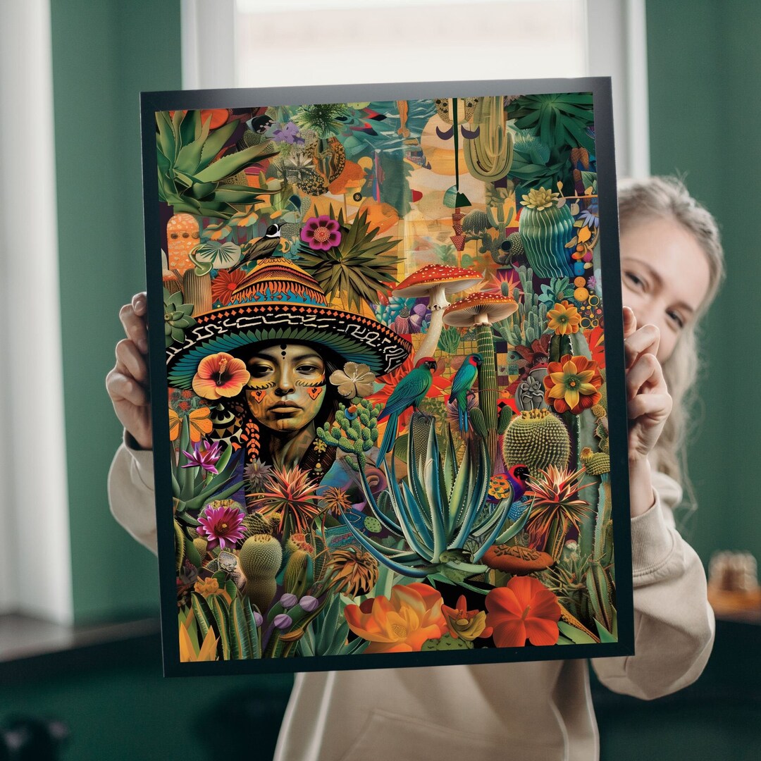 Vibrant Mexican Folk Art Print Cactus Southwestern Decor Surreal Floral ...