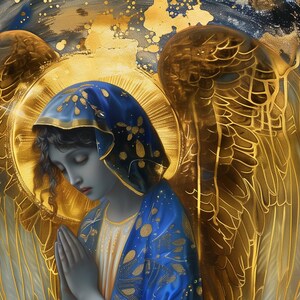 Blue Angel Art Print, Blue Gold Guardian Angel Wall Art, Modern ...