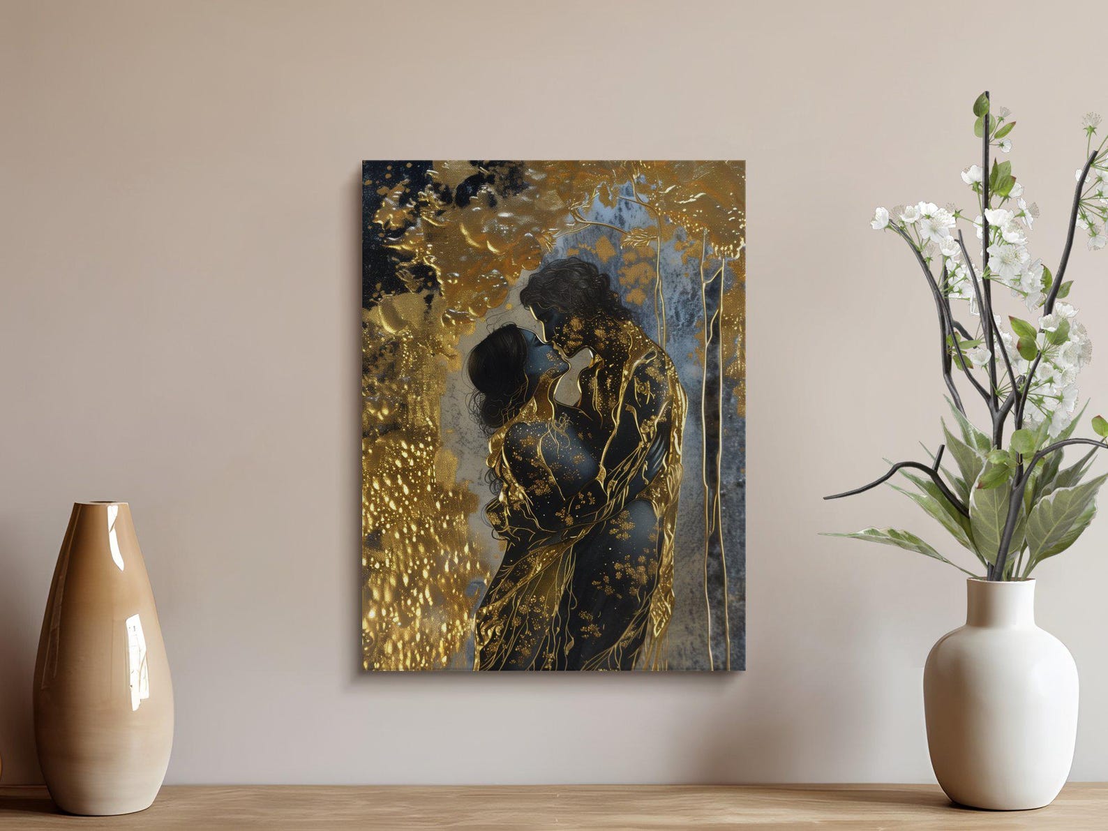 Eternal Embrace Art Print, Abstract Lovers Golden Artwork, Gold Love ...