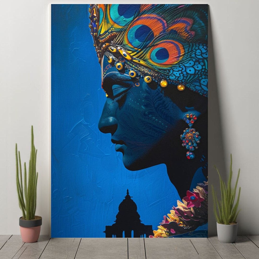 Lord Krishna Wall Art Print, Cultural Home Decor, Blue and Gold Canvas ...