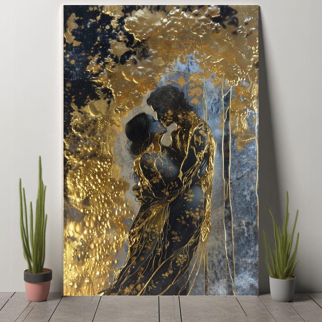 Eternal Embrace Art Print, Abstract Lovers Golden Artwork, Gold Love ...