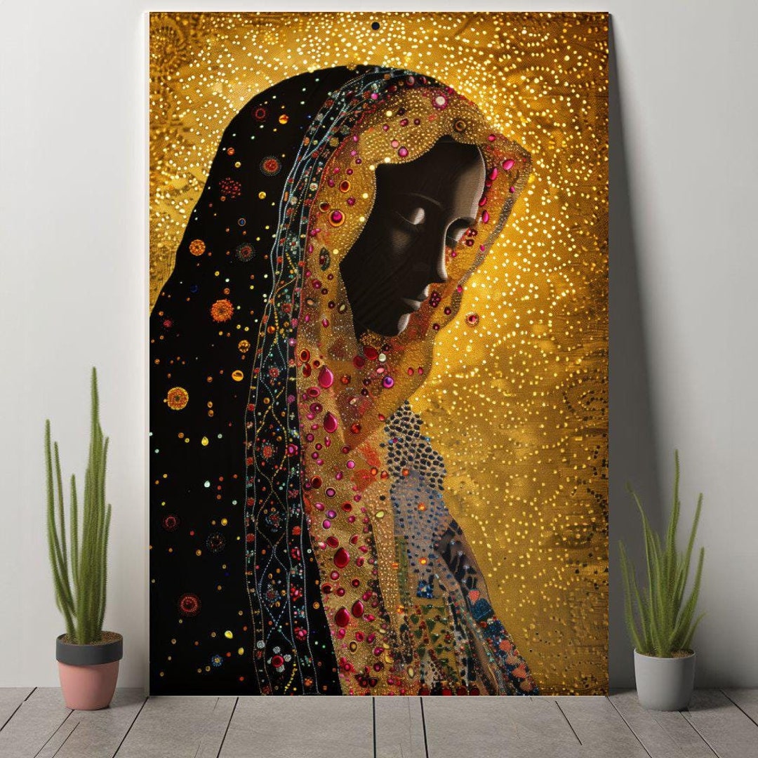Celestial Mother Mary Art Print, Mixed Media Spiritual Artwork, Golden ...