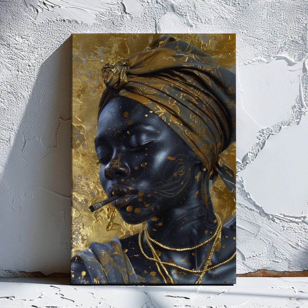 Mystical Gold Hoodoo Priestess Smoking Portrait | Spiritual Hoodoo Art ...