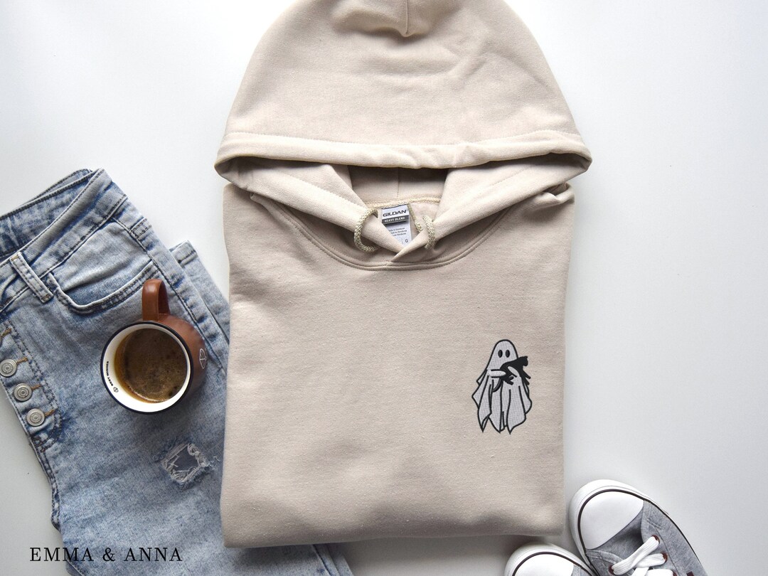 Embroidered Ghost Hoodie, Halloween Sweatshirt, Black Cat, Fall Hoodies ...