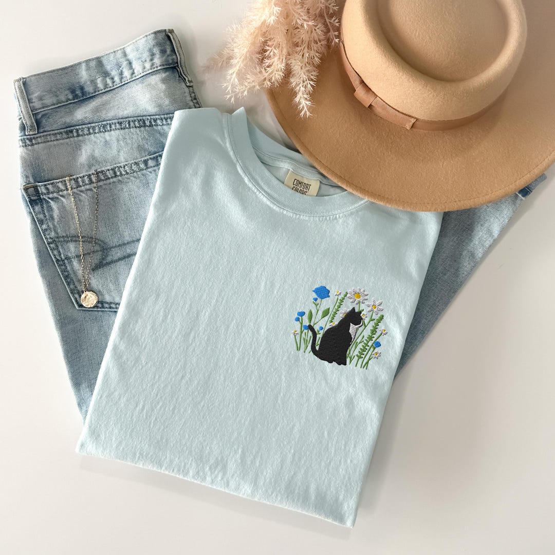 Embroidered Cat Shirt, Black Cat Shirt, Gift for Cat Lover, Cat Mom ...