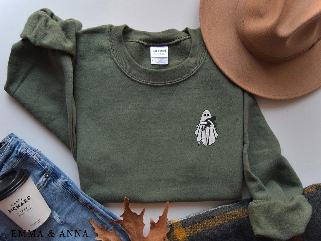 Embroidered Ghost Sweatshirt, Halloween Sweatshirt, Black Cat, Fall ...