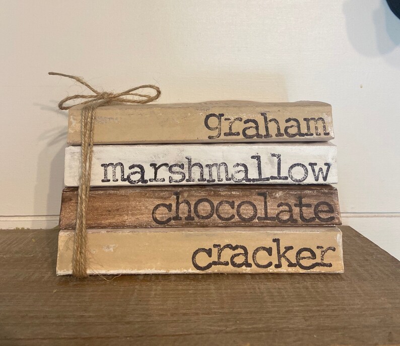 Smores Book Stack, Farmhouse Books, Smores Decor, Books With Words ...