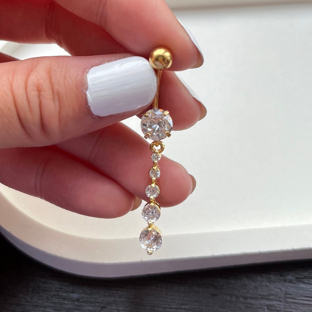 Gold Circle Belly Bar Dangle With Diamonds 316L Surgical Steel Crystal ...