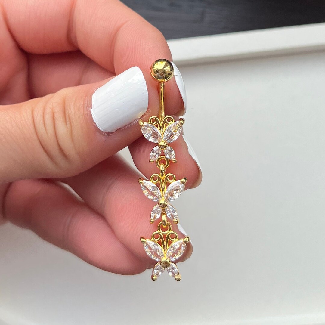Gold Triple Butterfly Belly Bar 316L Surgical Steel Dangle With ...