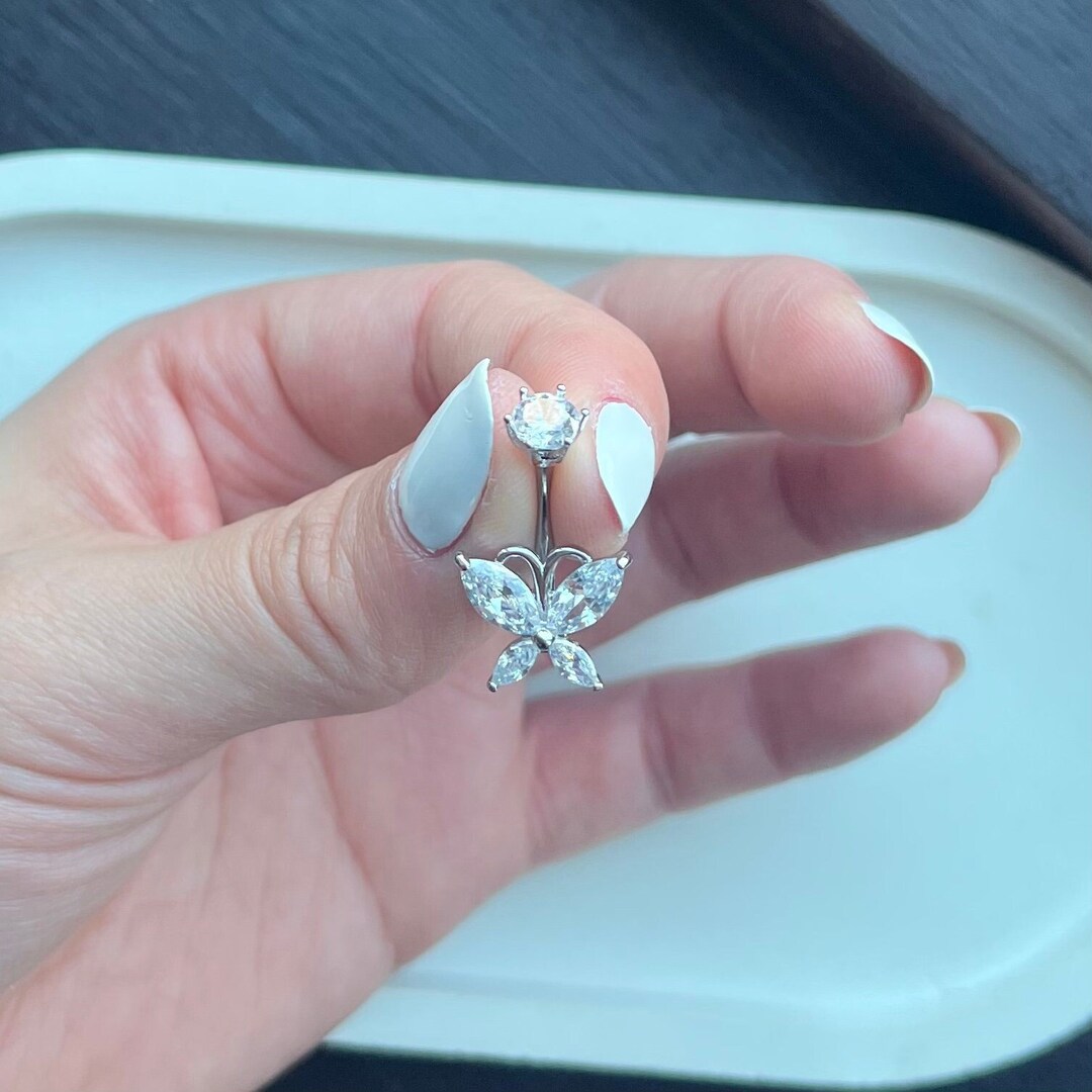 Butterfly Belly Bar With Diamond Ball 316L Surgical Steel Diamonds ...