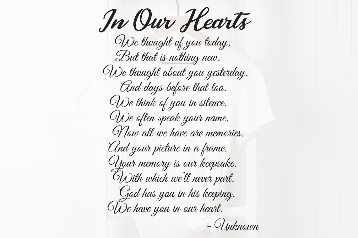 In Our Hearts Poem Bereavement Mourning Sympathy Grief - Etsy Canada