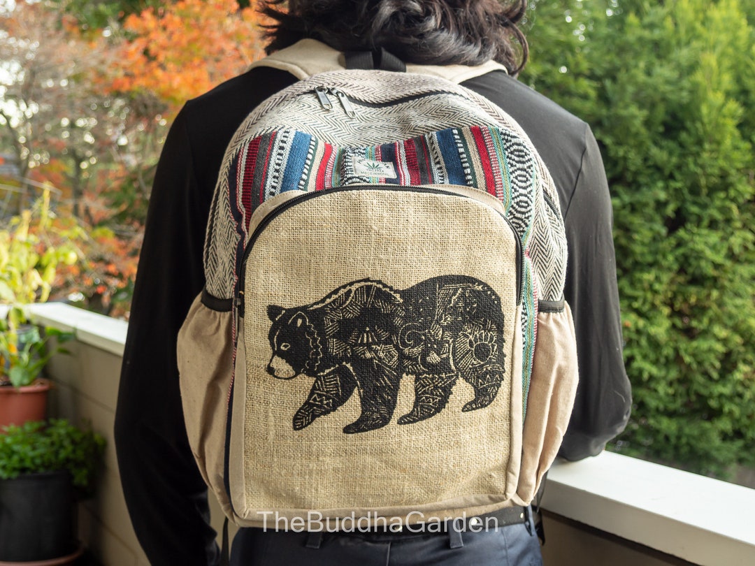 Hemp Bear Backpack: Large Hemp Backpack With Screened Bear Design, 17 ...