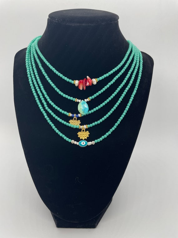 Small Bead Necklaces Evil Eye Coral Pearl Beachwear Jewelry Etsy