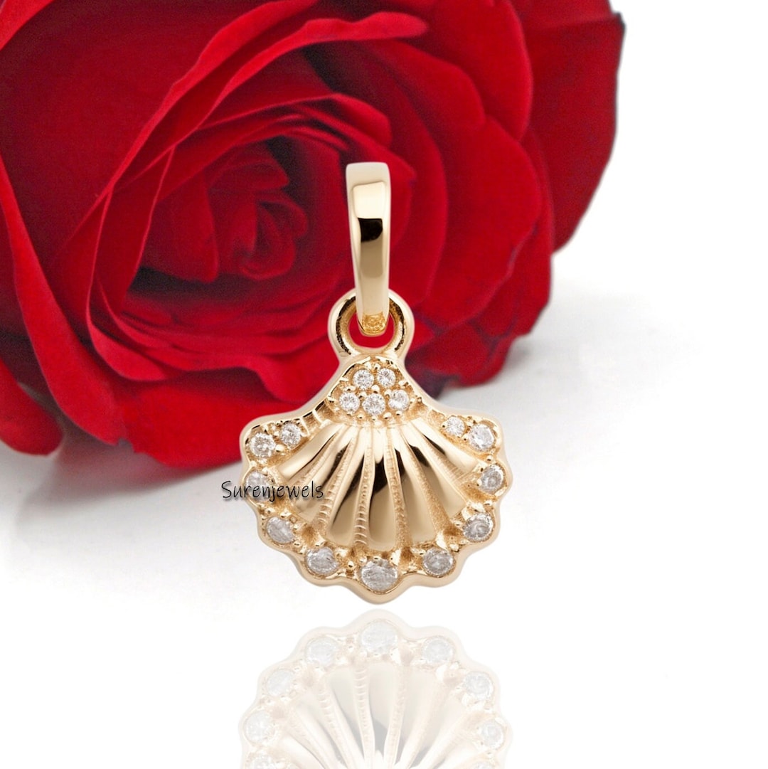 14K Gold Diamond Sea Shell Pendant, 14k Gold Diamond Oyster Shell ...