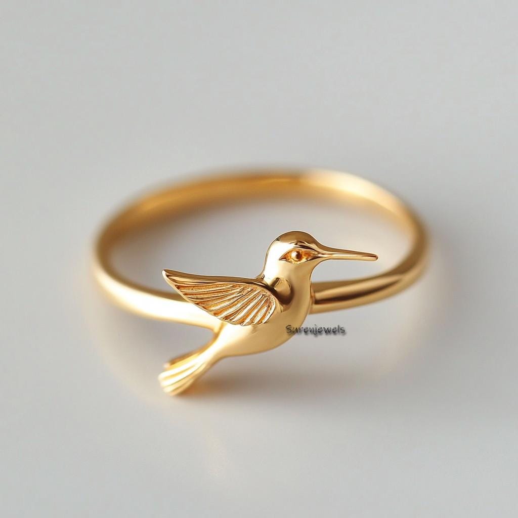 14k Gold Hummingbird Ring, Dainty Bird Ring - Etsy