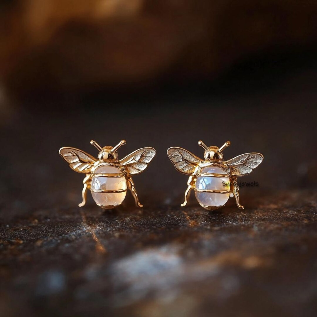 14K Gold Gemstone Honey Bee Studs Earrings, Bumble Bee Studs Earrings, Gold Honey Bee Studs ...