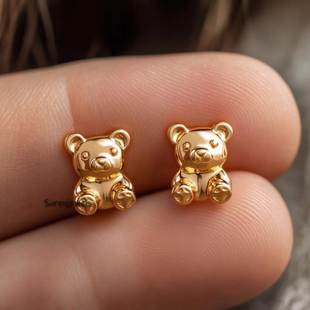 14K Gold Teddy Bear Earrings, Tiny Teddy Bear Flat Stud, Teddy Bear Baby Gold Earring, Gold ...