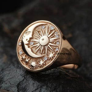 14K Gold Celestial Moon Star Signet Ring: Diamond Accent - Etsy