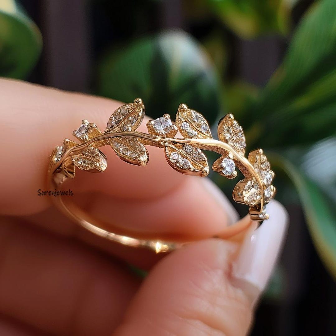 14k Gold Diamond Olive Leaf Ring, Diamond Olive Tree Leaf Ring, Diamond Olive Branch Leaf Ring ...