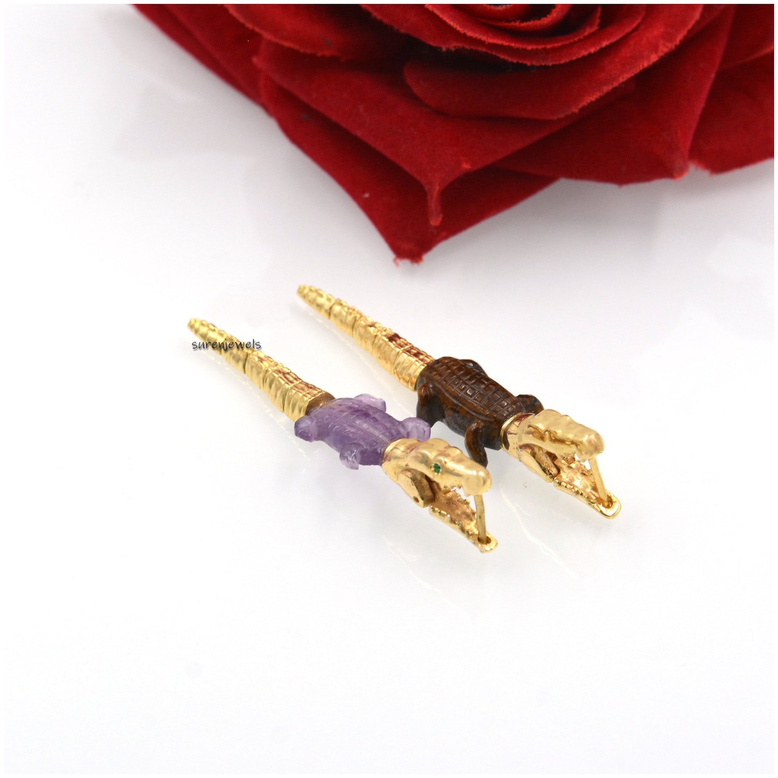 14k Gold Crocodile Pendant, 14k Gemstone Crocodile Pendant, 14k ...