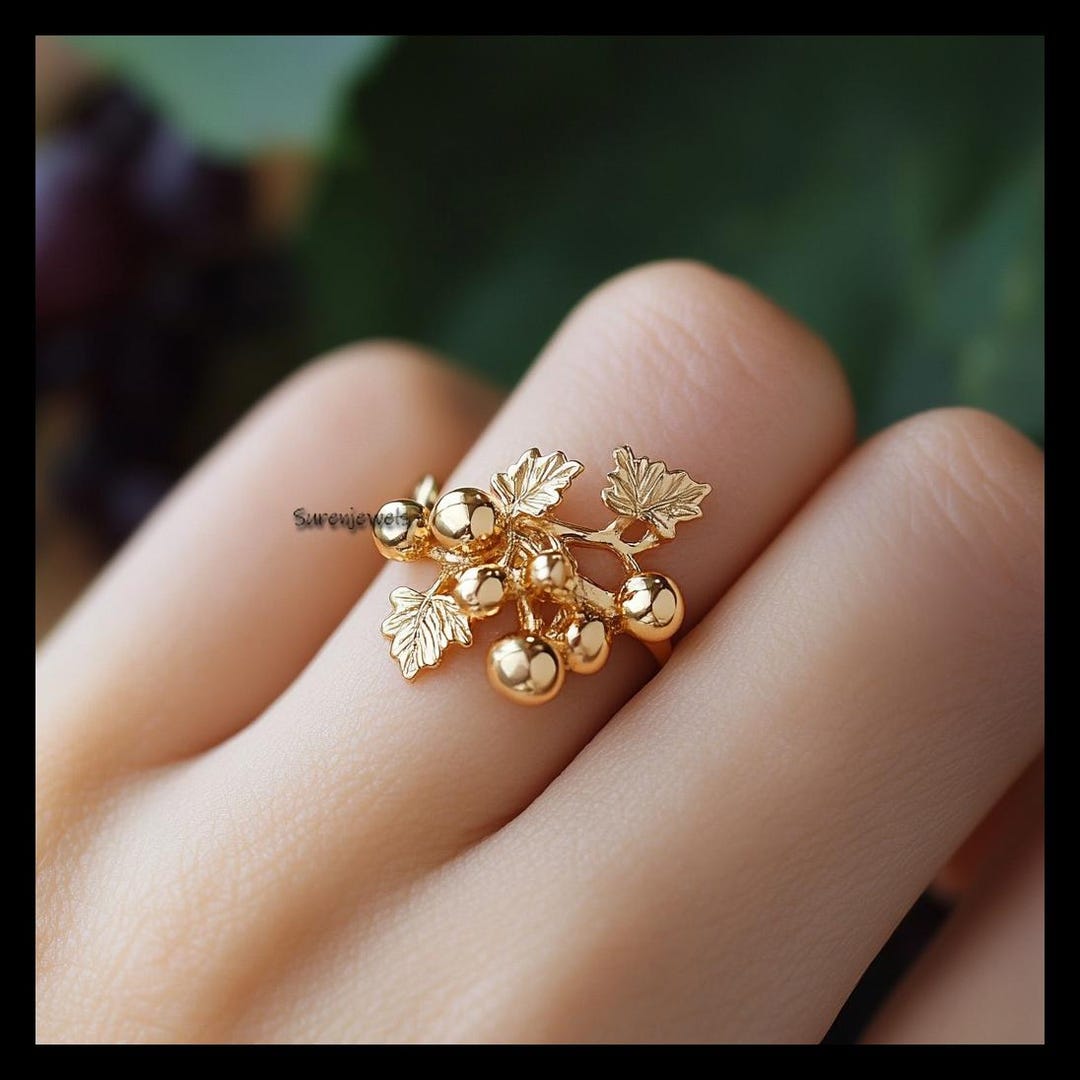 Solid 14k Gold Grapes Ring, Gold Grapes Fruit Ring, 14k Gold Fruit Jewelry, Designer Grape Ring ...