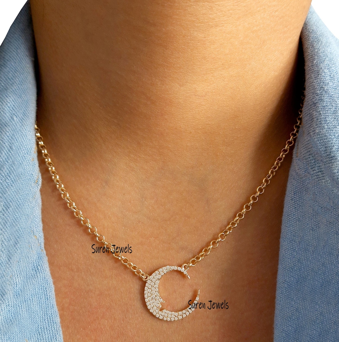 Sterling Silver Diamond Crescent Moon Pendant: Dainty Half Moon Charm ...