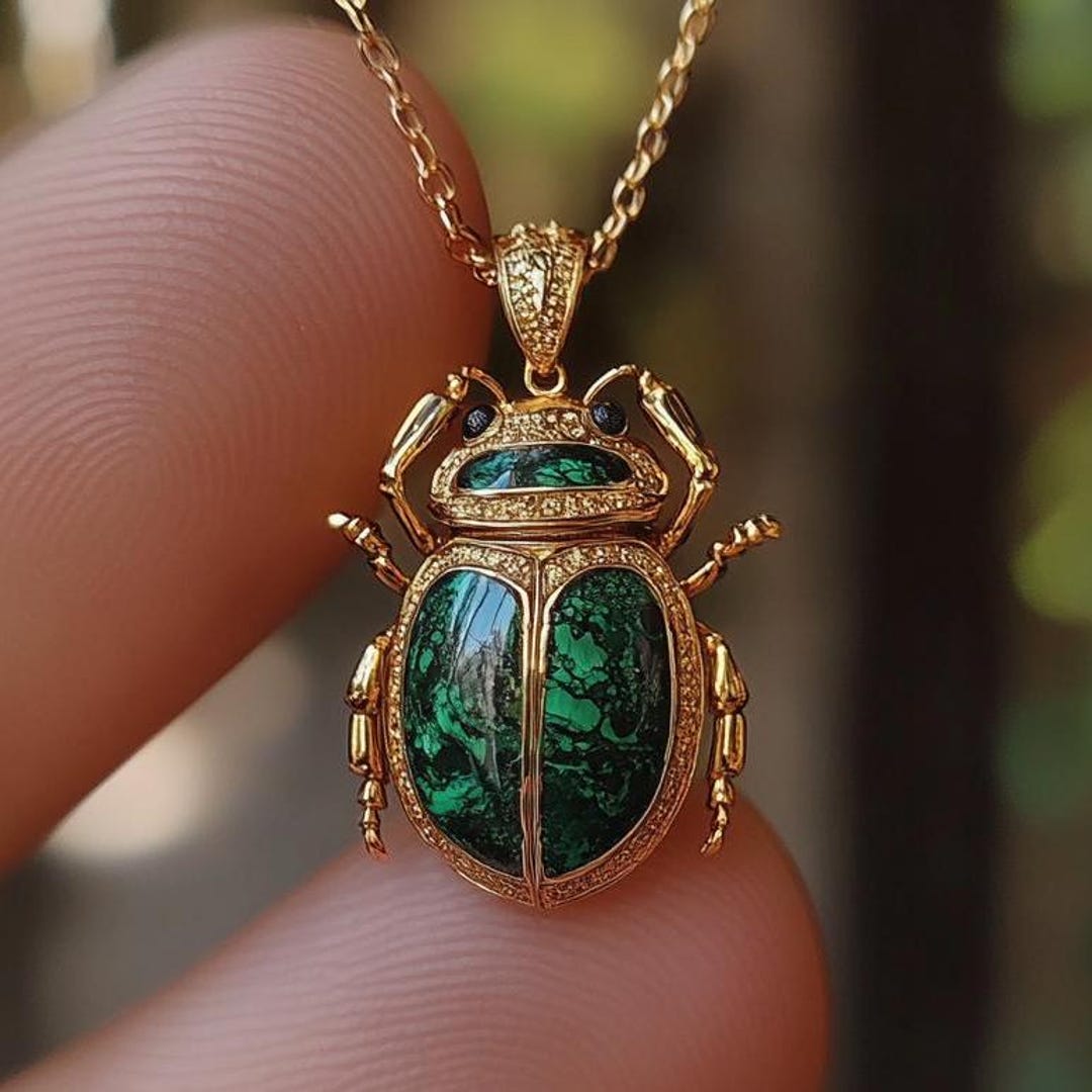 14K Gold Gemstone Small Scarab Pendant, Egyptian Beetle Jewelry, Hand ...