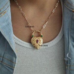 14K Gold Multi Gemstone Heart Padlock: Designer Locket - Etsy