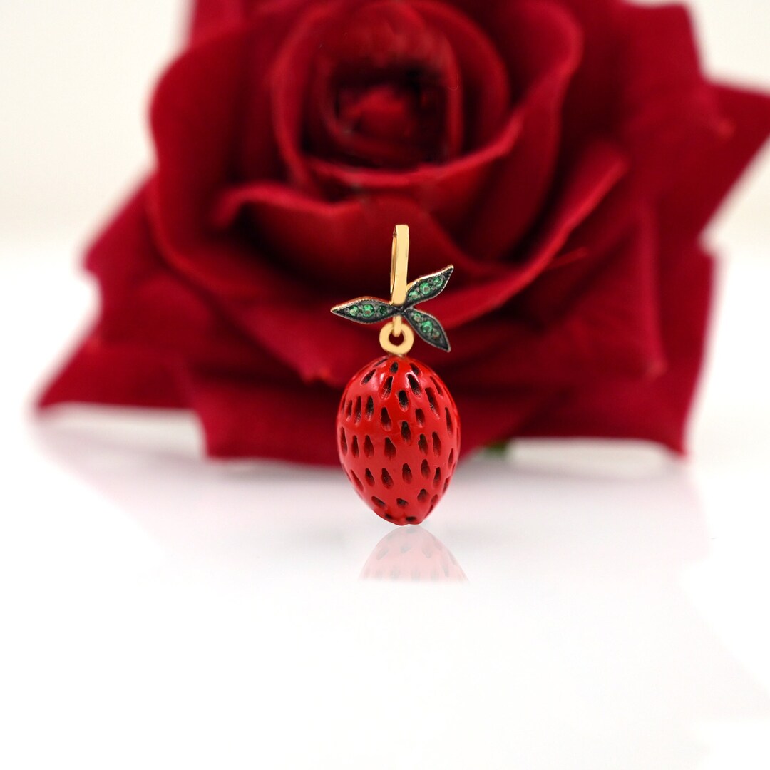 Strawberry Gemstone Pendant, Red Coral Berry Pendant, Designer ...
