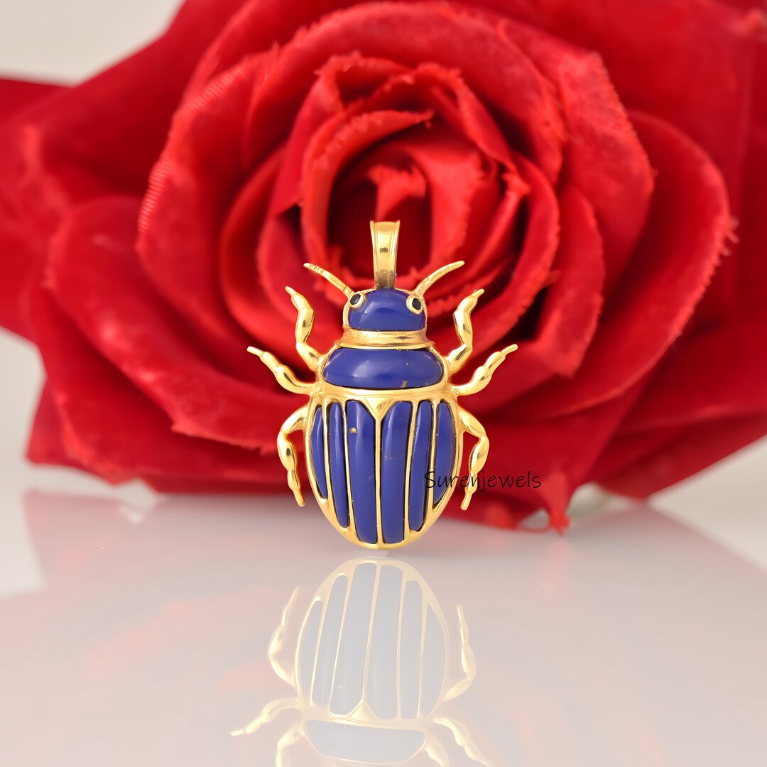 14K Gold Lapis Scarab Pendant: Hand Carved Egyptian Beetle Amulet - Etsy
