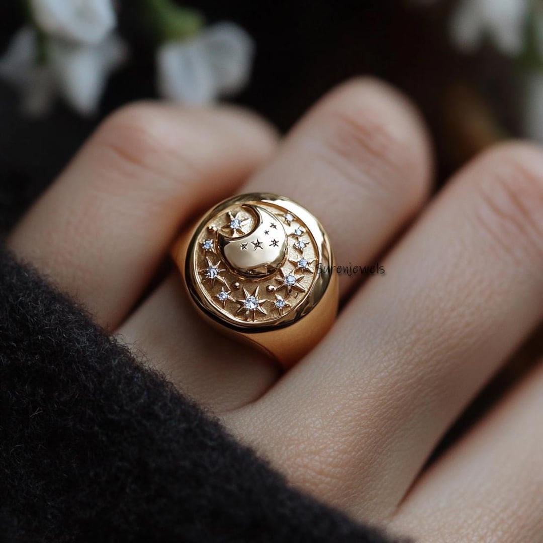 14K Gold Signet Celestial Moon Star Ring, Diamond Signet Celestial Ring ...
