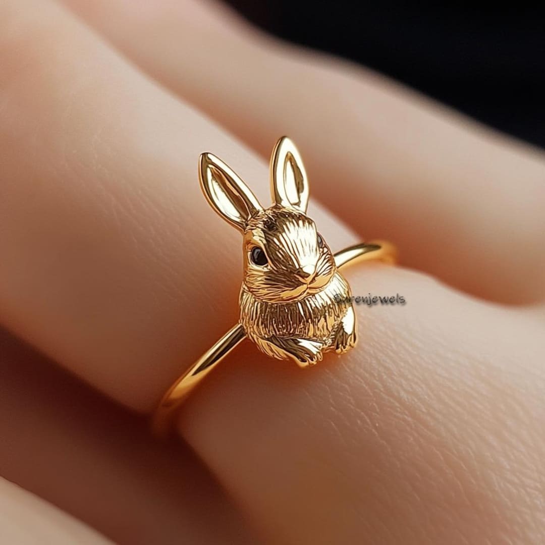 14K Solid Gold Rabbit Ring, Cute Gold Bunny Ring, 14k Gold Animal Ring ...
