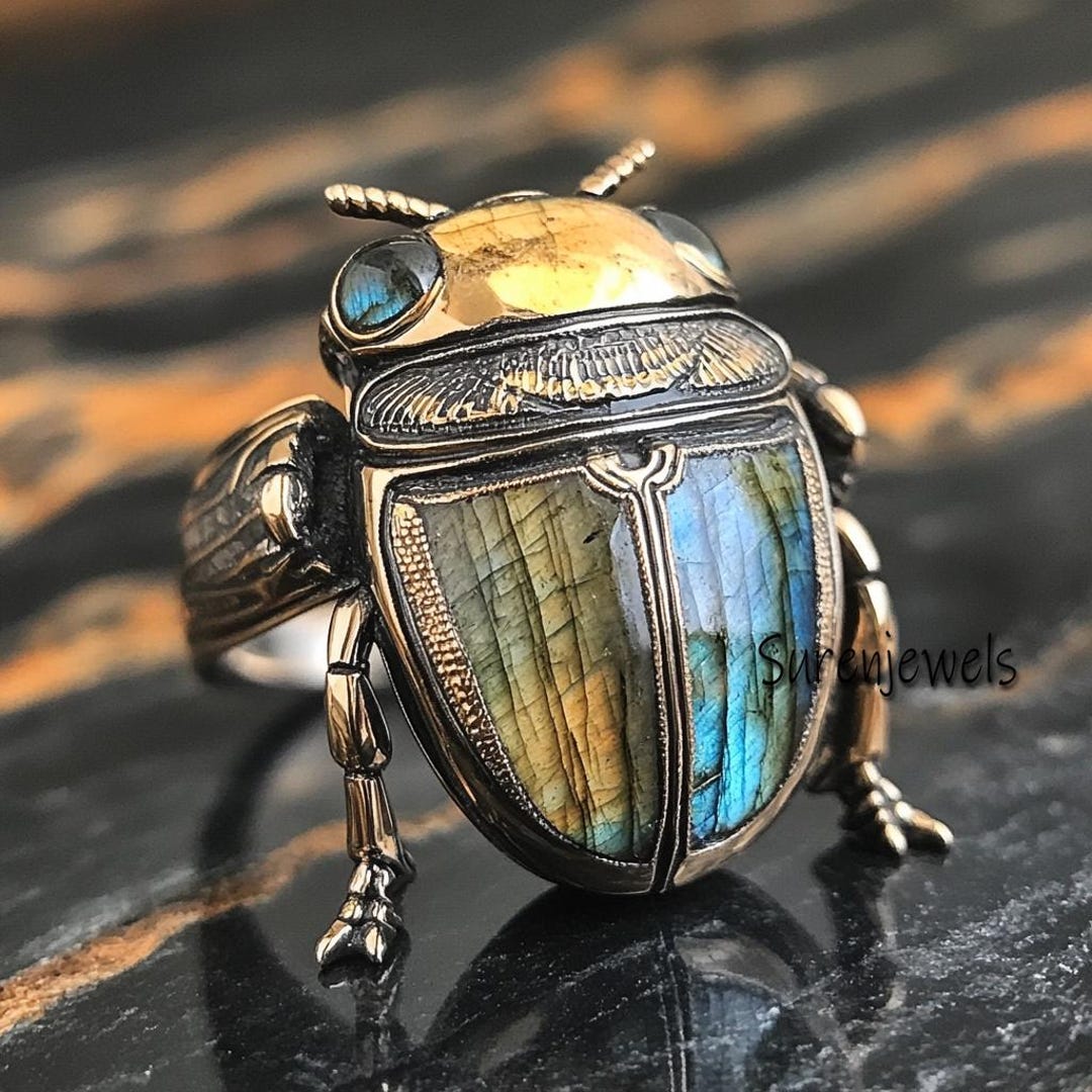14k Gold Gemstone Scarab Ring, 14K Gold Designer Labradorite Scarab ...