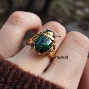14k Gold Malachite Scarab Ring: Hand Carved Amulet - Etsy