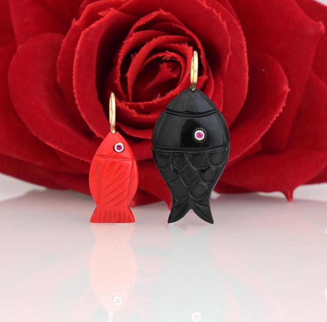 14k Gold Carved Gemstone Fish Pendant: Lucky Charm With Pink CZ Eyes - Etsy