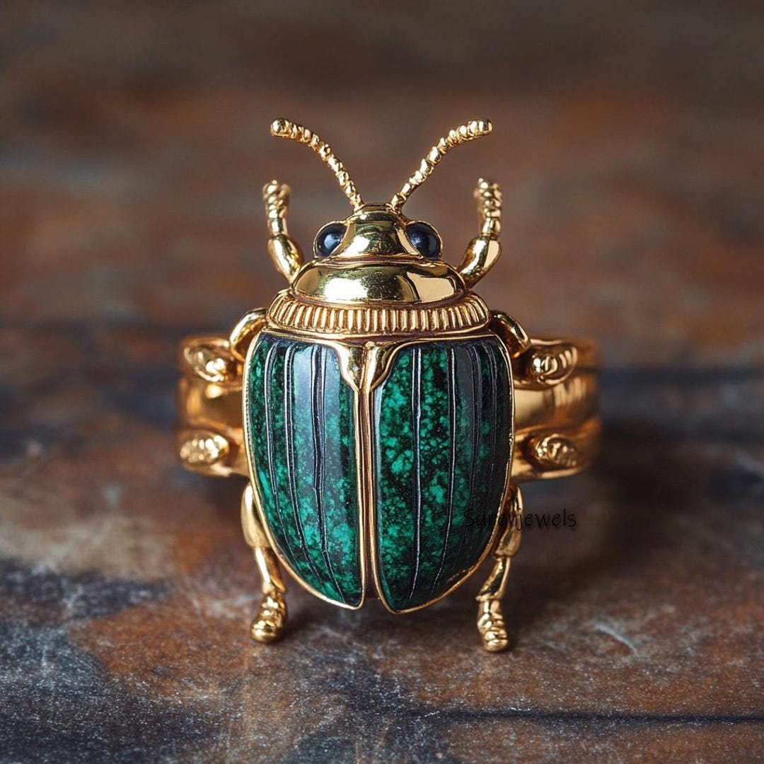 14k Gold Gemstone Scarab Ring, Sacred Scarab Gemstone Ring, Carving ...