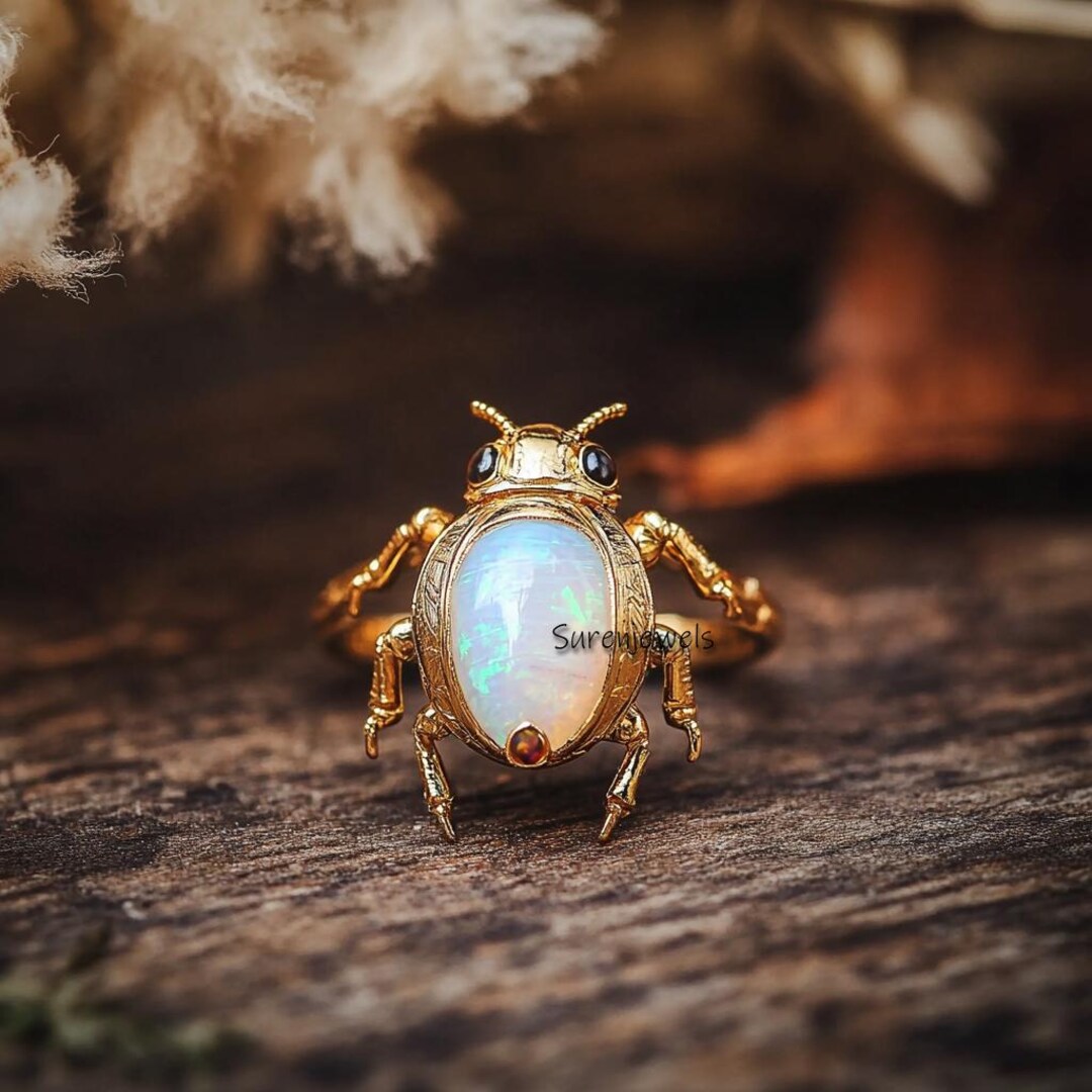 14k Gold Sacred Scarab Gemstone Ring, Gold Scarab Beetle Ring, Egyptian ...