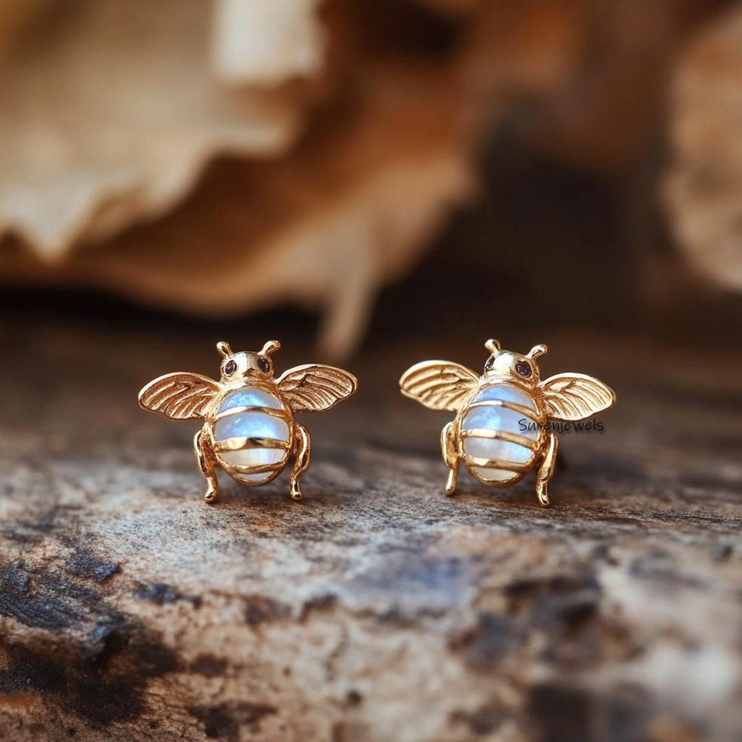 14K Gold Gemstone Honey Bee Studs Earrings, Bumble Bee Studs Earrings, Gold Honey Bee Studs ...