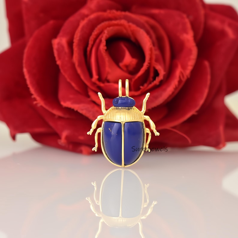 14K Gold Lapis Scarab Pendant: Hand Carved Egyptian Beetle Amulet - Etsy