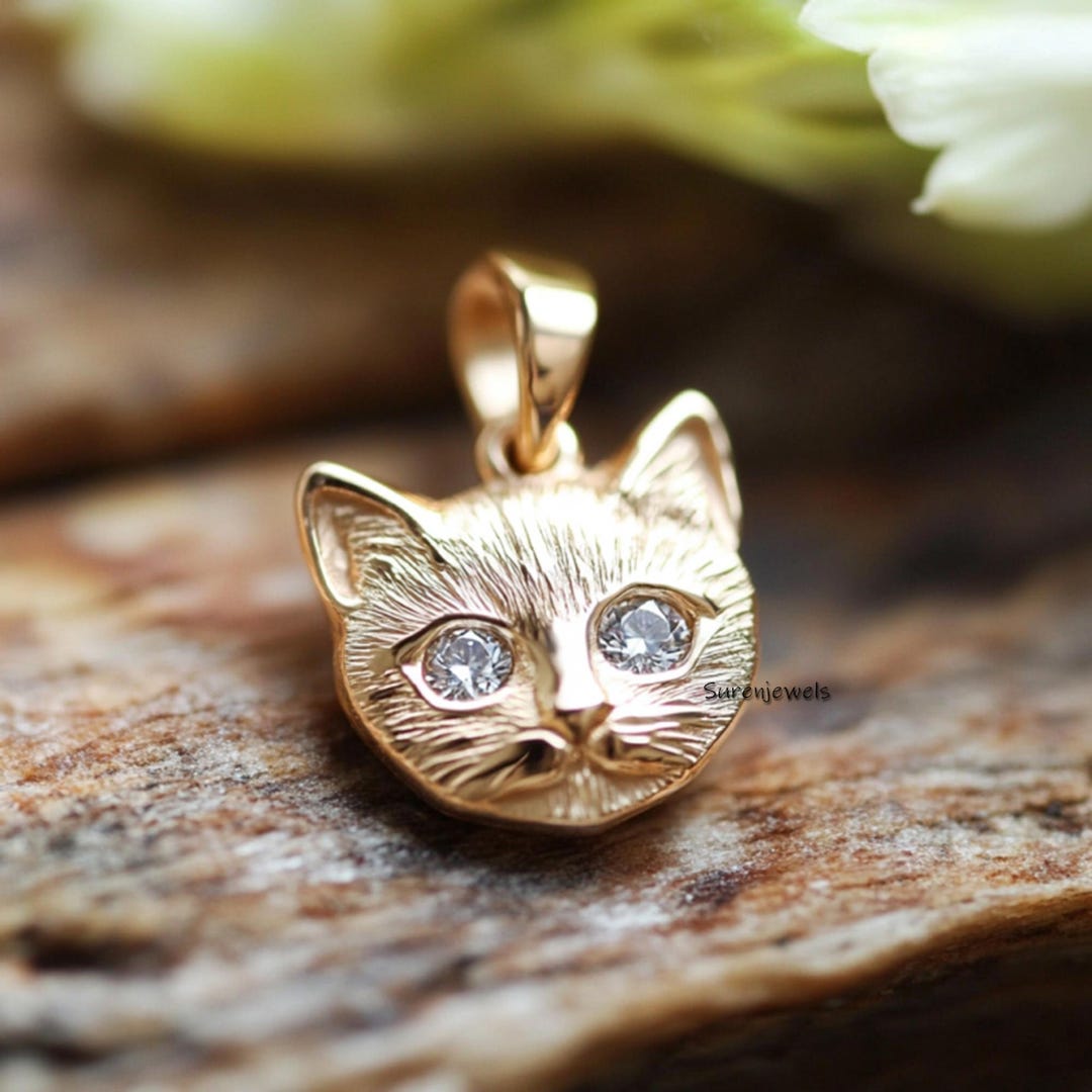 14K Gold Diamond Cat Face Pendant, Gold Animal Jewelry, Solid 14k Gold ...